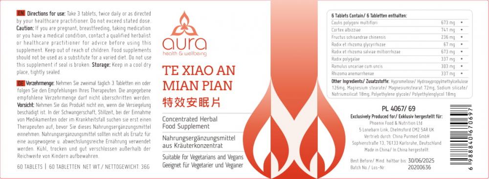 Pure and Natural Supplies. Te Xiao An Mian Pian 60's